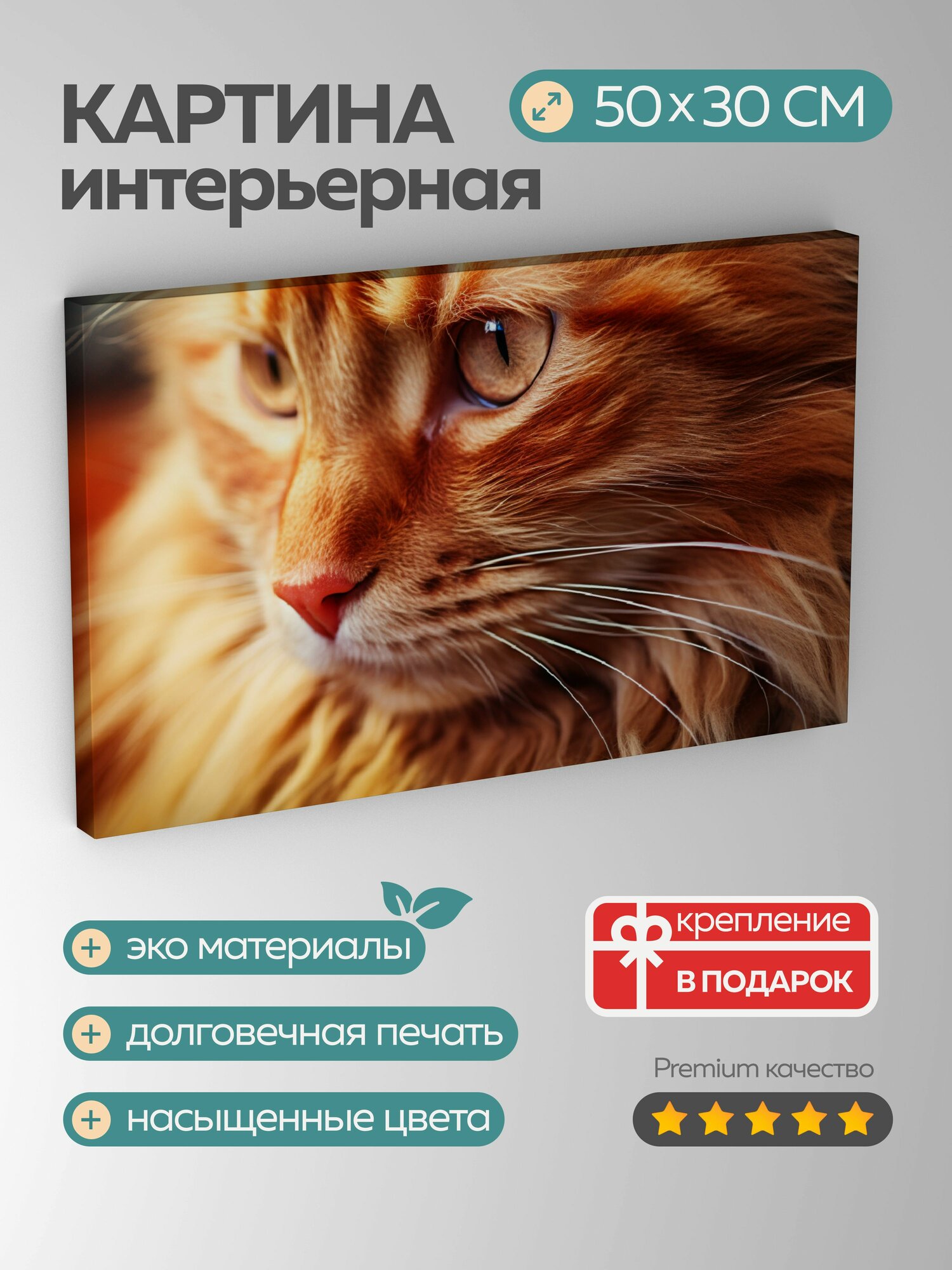 Картина на холсте интерьерная 50х30 см, рыжая кошка, крупный план, пышная шерсть, пушистая шерсть, насыщенный цвет