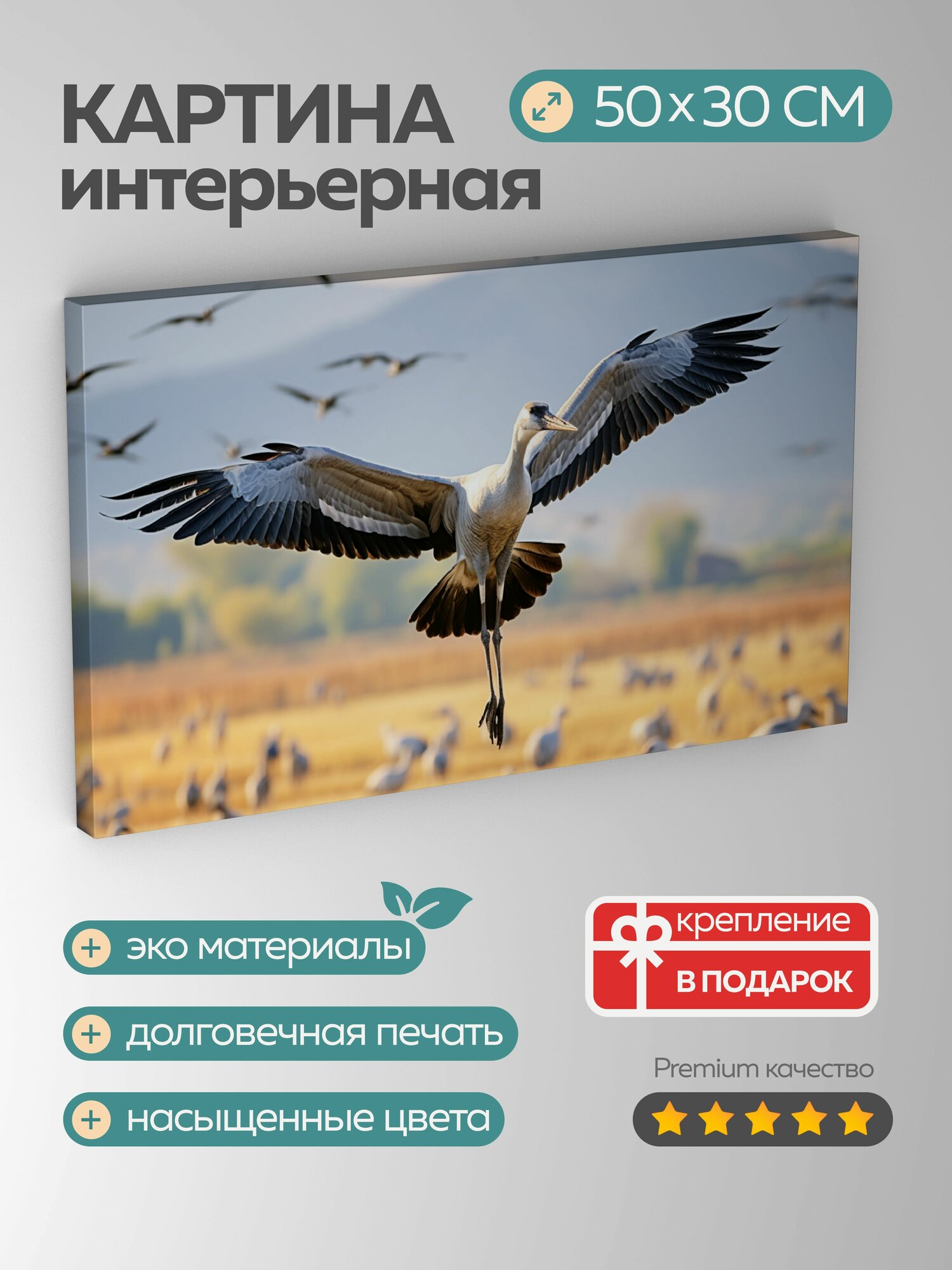 Картина на холсте интерьерная 50х30 см, сельский пейзаж, поля, зеленые культуры, журавли, голубое небо, свобода, 2.8L
