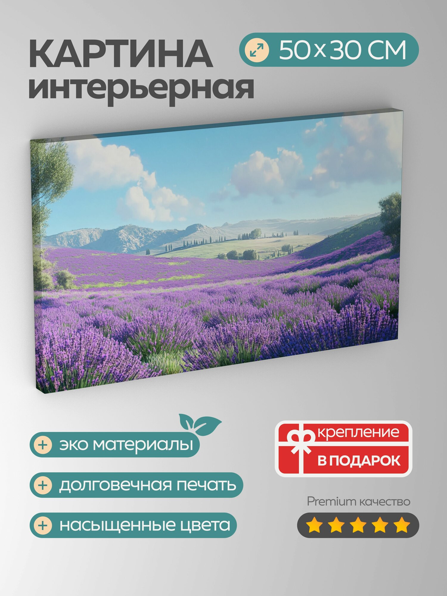 Картина на холсте интерьерная 50х30 см, лаванда, поле, фиолетовый цвет, холмы, небо, природа, красота, фотография