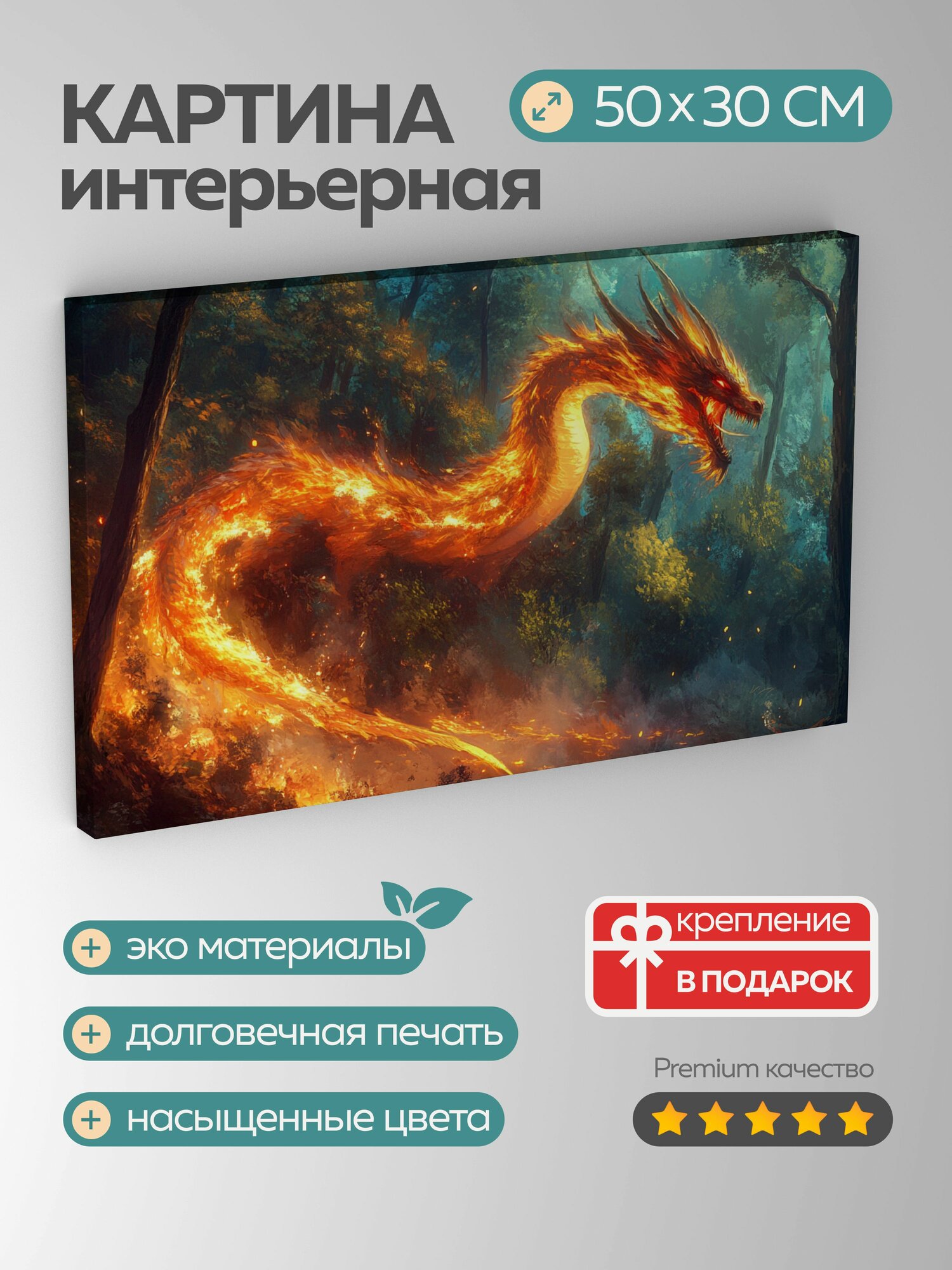 Картина на холсте интерьерная 50х30 см, Дракон, пламя, лес, эпическая, цифровая, мистическая, чешуя, энергия, мощь