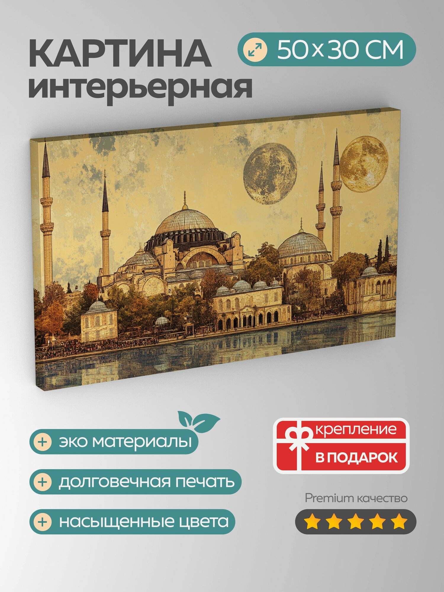 Картина на холсте интерьерная 50х30 см, Собор Святой Софии, Голубая мечеть, Стамбул, Архитектурные детали, Яркие цвета