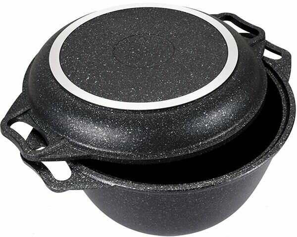 Казан литой 4,0л крышка-сковорода Темный мрамор