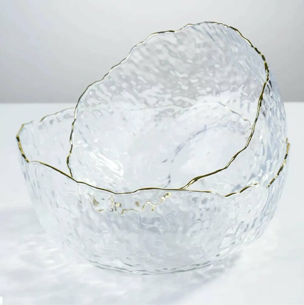 Набор салатников, 3 штПрозрачная стеклянная миска с молотковым узором и золотой окантовкой | Набор для фруктов