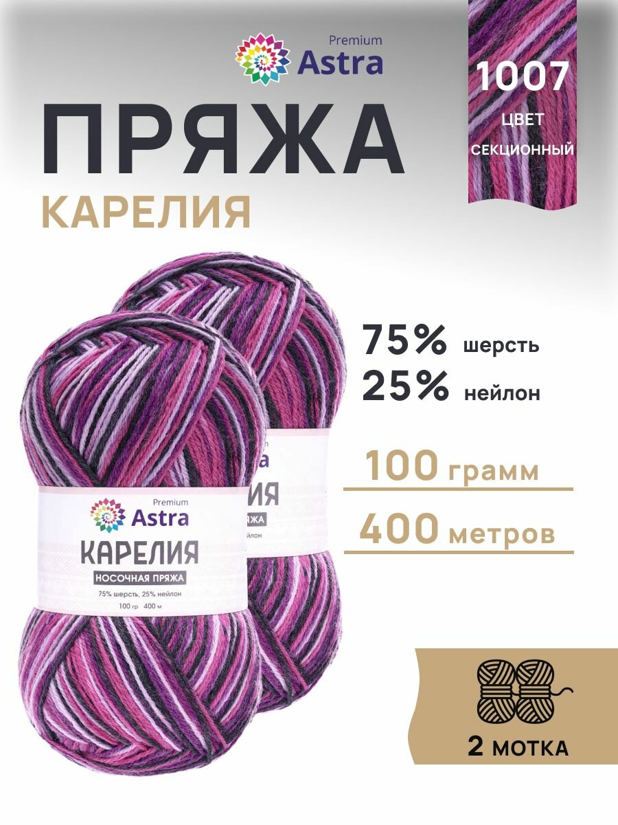 Пряжа носочная Astra Premium 'Карелия', 2 шт, 100г, 400м (75% шерсть, 25% нейлон) (1007)