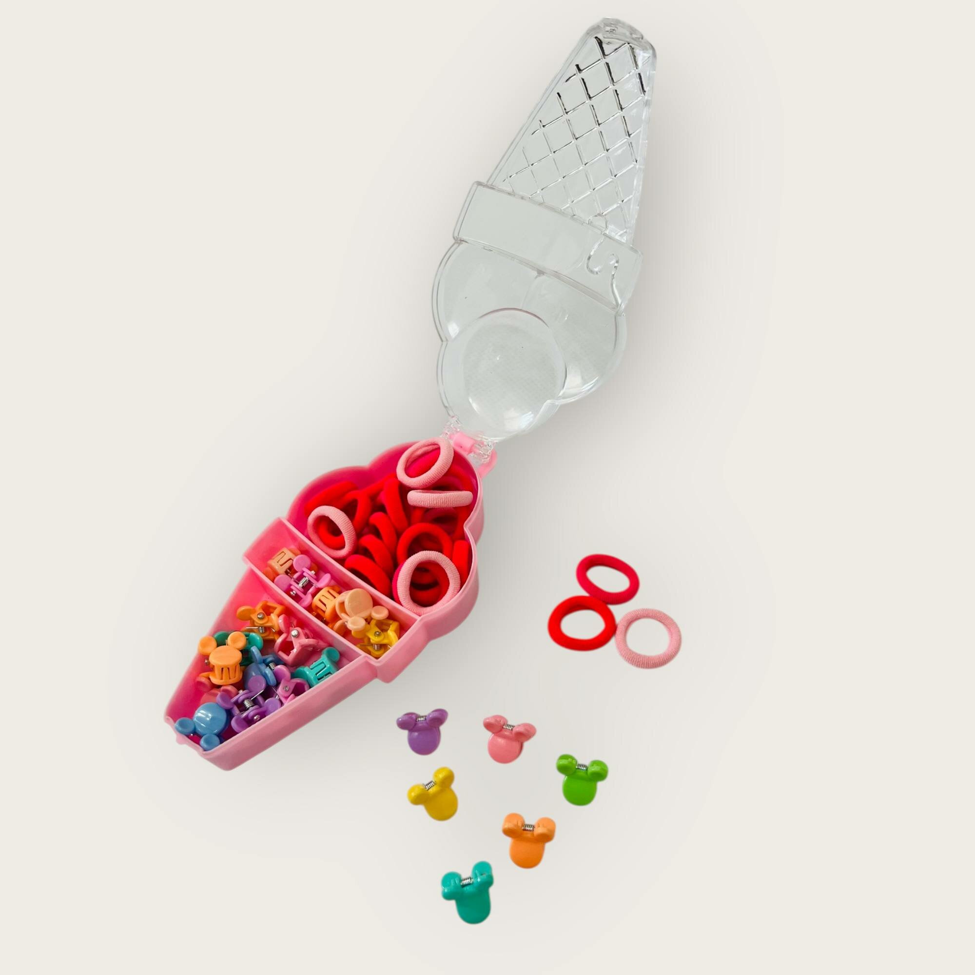 Набор для создания причесок "Микки Маус", в комплект входит 25 резинок, 15 крабиков и кейс для хранения