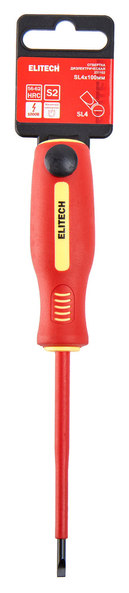 Отвертка диэлектрическая Elitech / Элитеч шлицевая, с магнитным наконечником, до 1000В, из стали S2, оранжевая, SL4, 100мм / инструменты