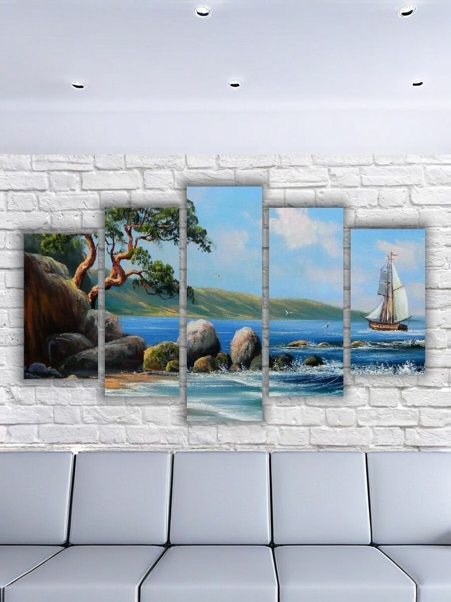 Modul007 Картина модульная на стену для интерьера 140х80 см из 5 модулей "Парусник в море" декор для комнаты гостиной, спальни, кухни