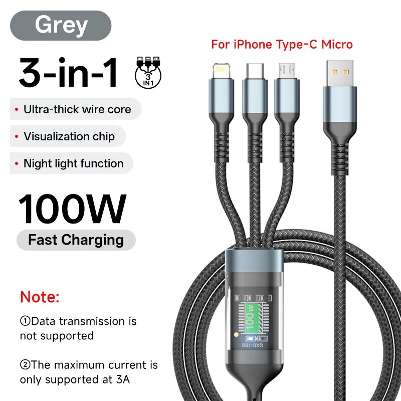 3 в 1 3A 100 Вт USB-кабель для быстрой зарядки типа C Micro IOS, мульти-кабель для зарядного 1.8m
