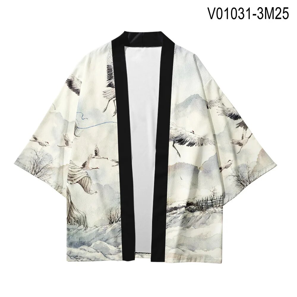 Японский кардиган с журавлями, V01031, XL