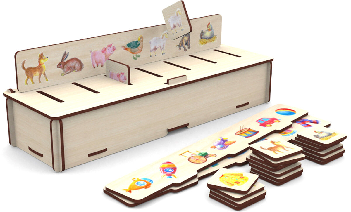 Развивающая игра "Деревянный сортер. Животные, игрушки, одежда", деревянный комодик