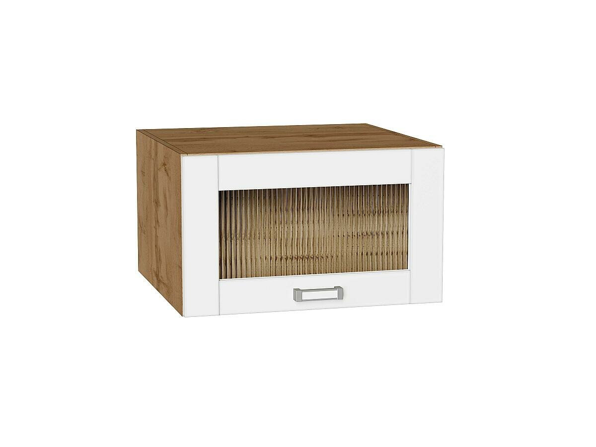 Шкаф верхний горизонтальный остекленный глубокий Лофт, цвет фасада White Silk, цвет каркаса Дуб Вотан, стекло Magic Moru V, 358*600*576 мм