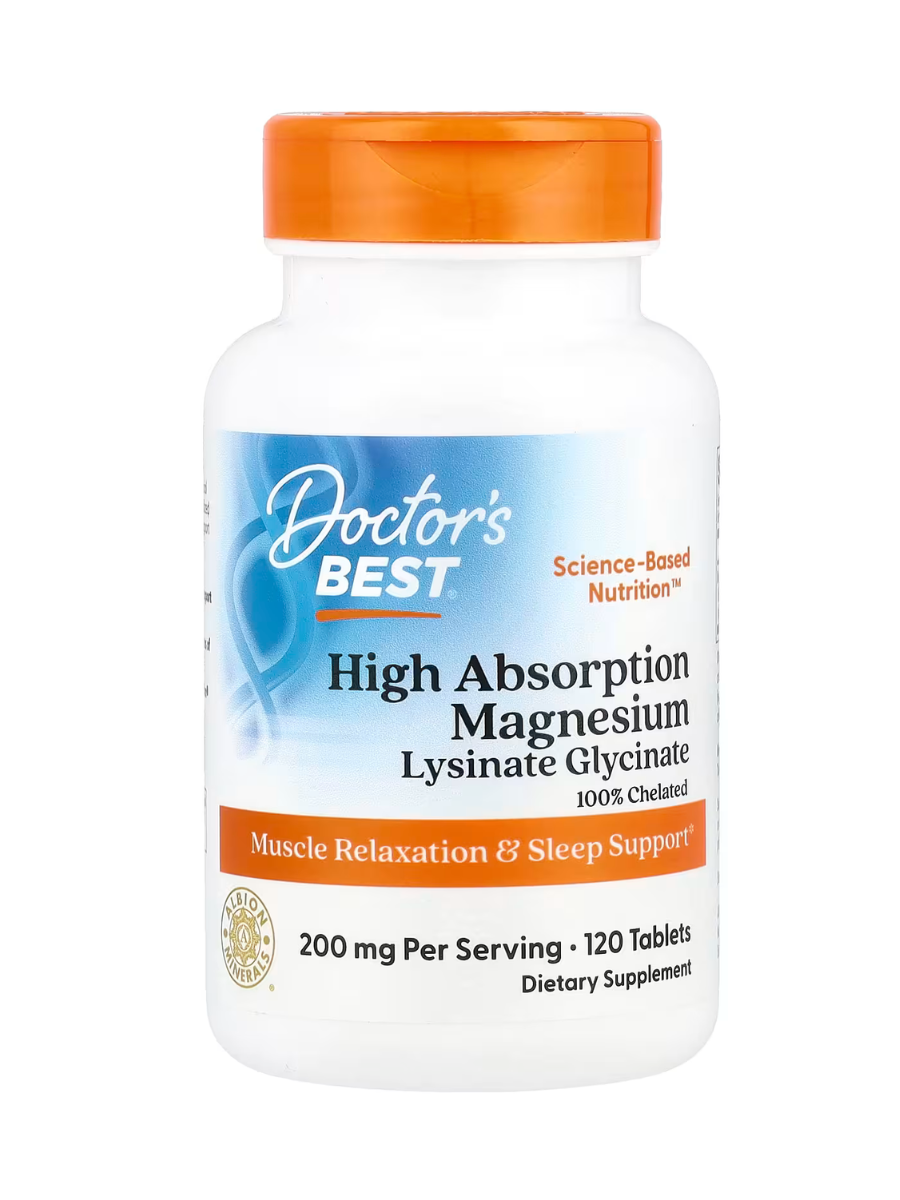 Doctor's Best, магний с высокой степенью усвоения, High Absorption Magnesium Glycinate Lysinate, 100% Chelated хелатный, 200 мг, 120 таблеток