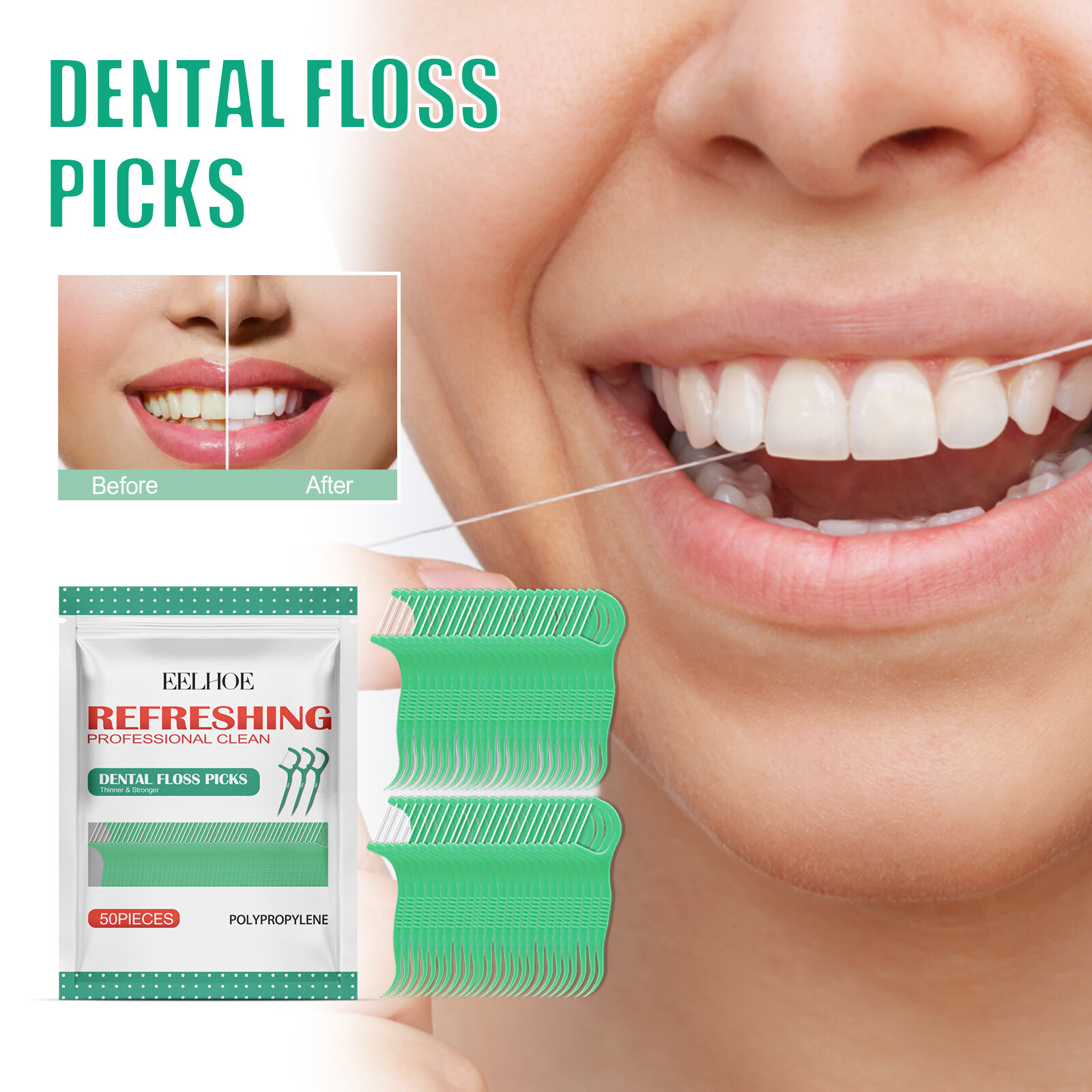 Набор из 50 зубных нитей EELHOE. Одноразовые зубочистки для чистки зубов. Зубочистки для удаления зубного налета. Зубочистки для ухода за полостью рта.