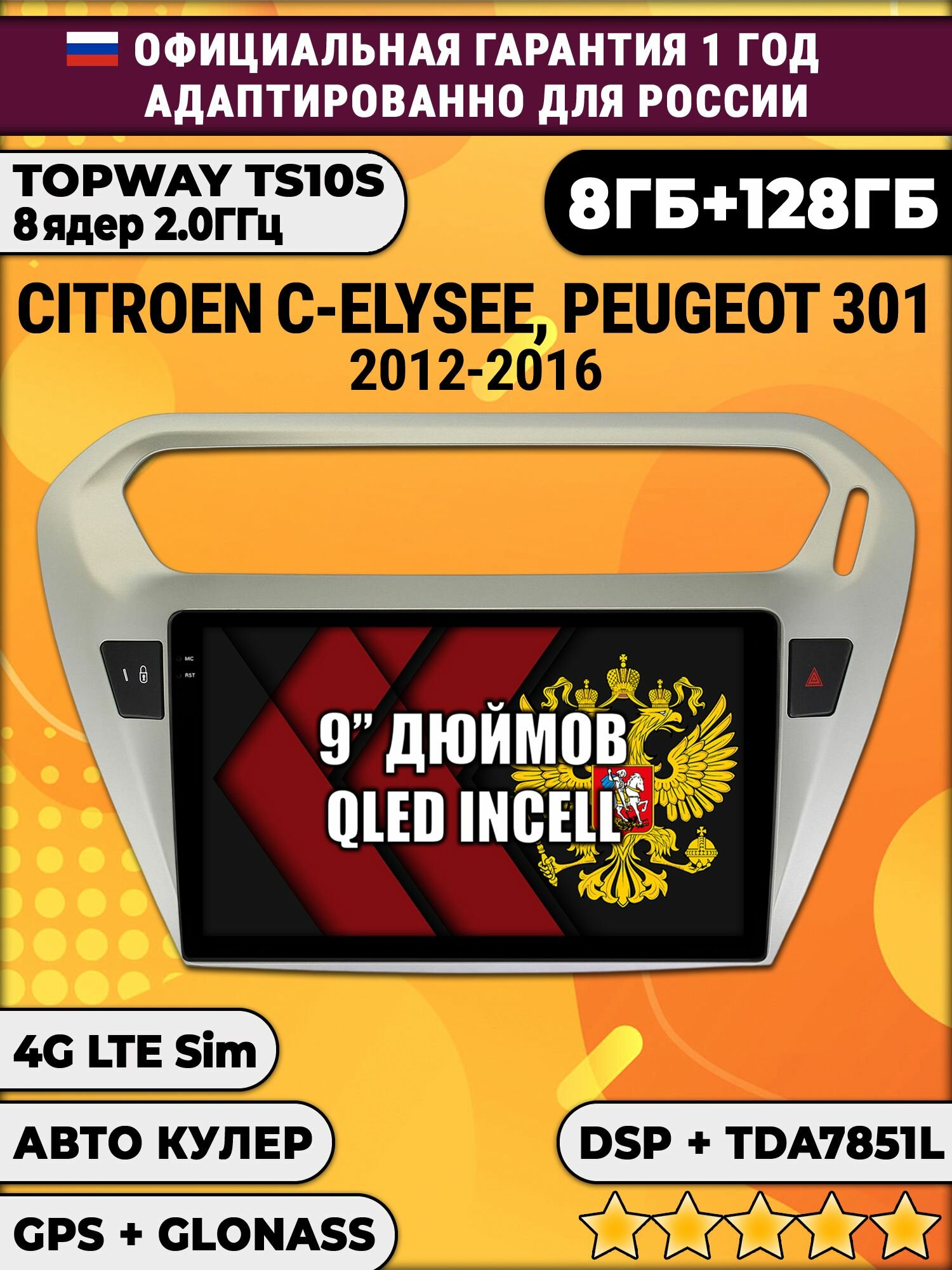 8 ядер TS105, память 8/128гб для PEUGEOT 301, CITROEN C-ELYSEE (2012-2016), Android магнитола