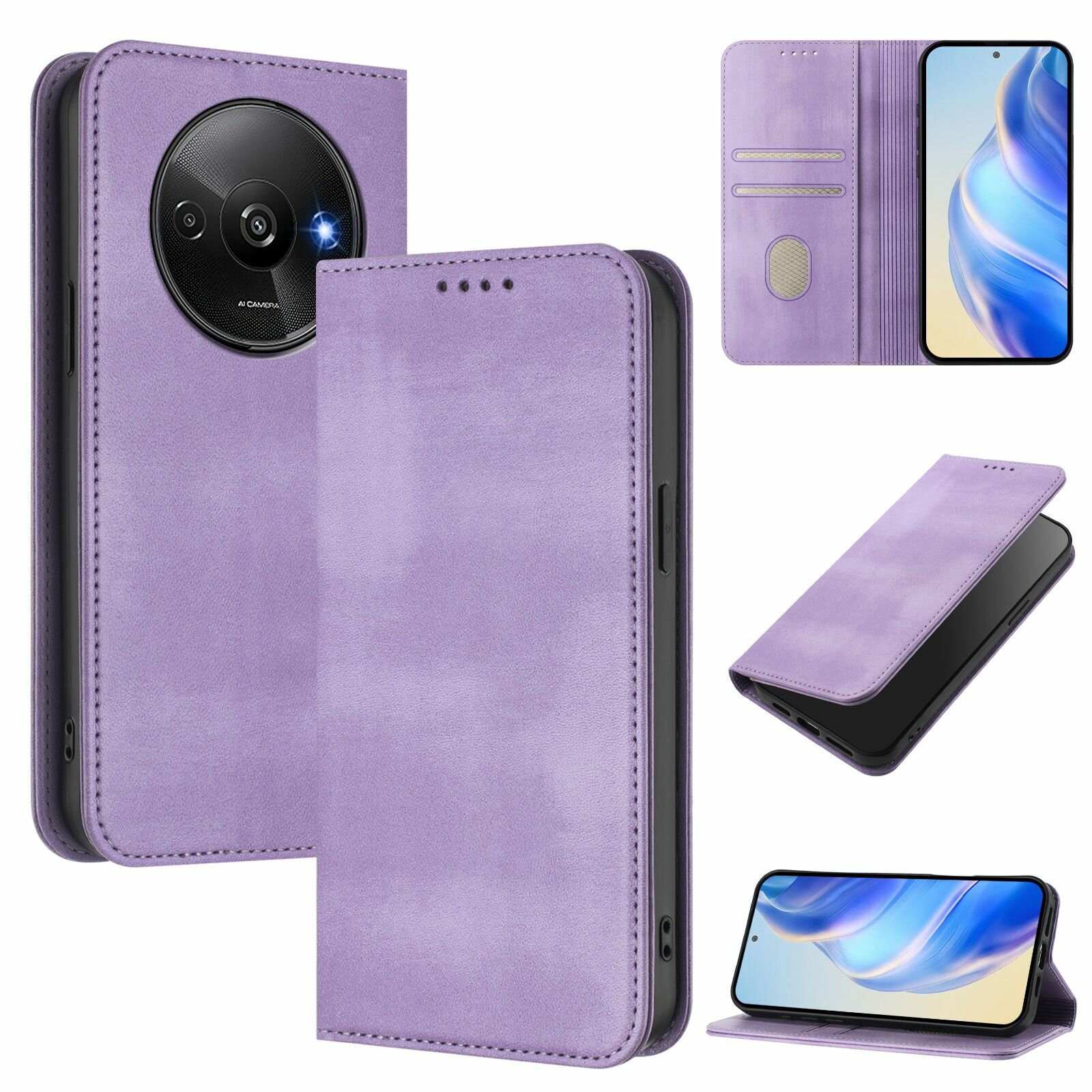 Кожаный чехол-книжка для Xiaomi Redmi A3 4G/A3X(4G)/Poco C61 4G(Ксиоми Редми А3 4G Редми А3x 4G Поко C61 4G) с отделениями для карт и кошельком, Функция блокировки RFID