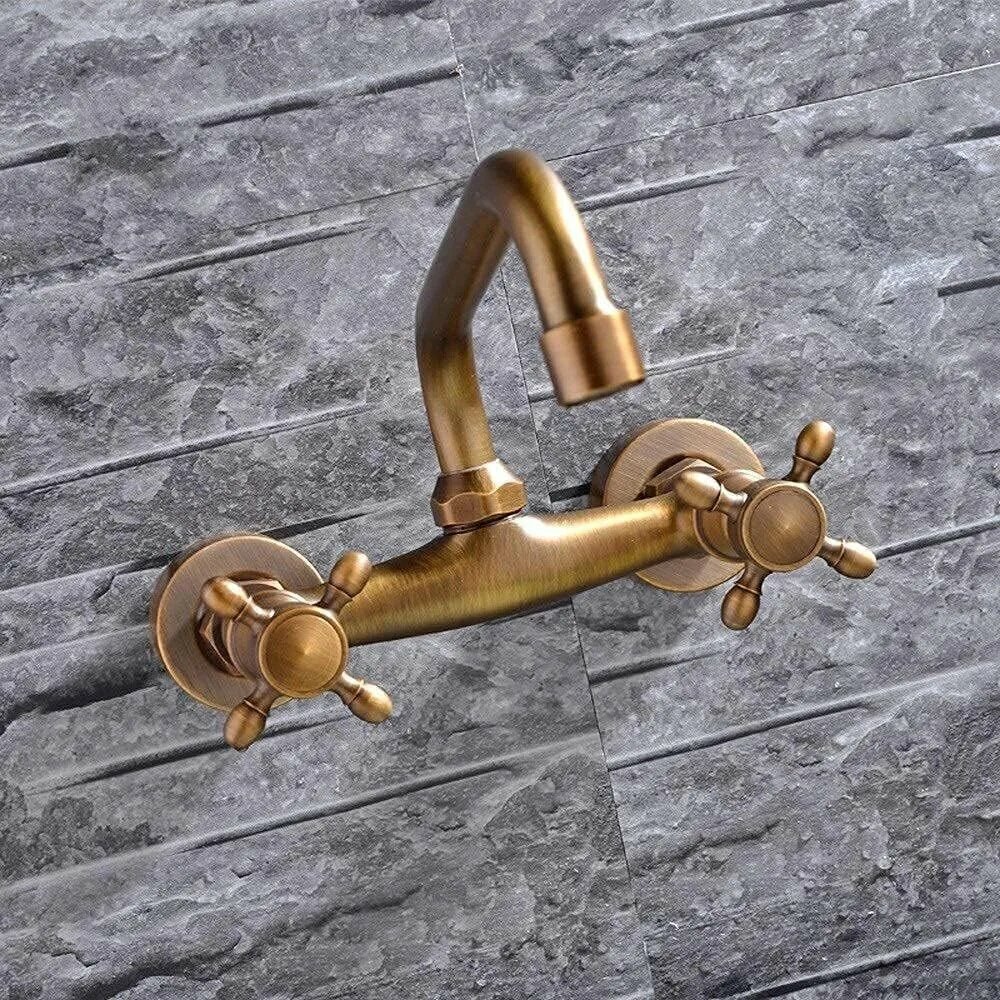 Настенный ретро-смеситель для раковины, встроенный смеситель для ванны, двойная ручка, с вращающимся краном для горячей и холодной воды
