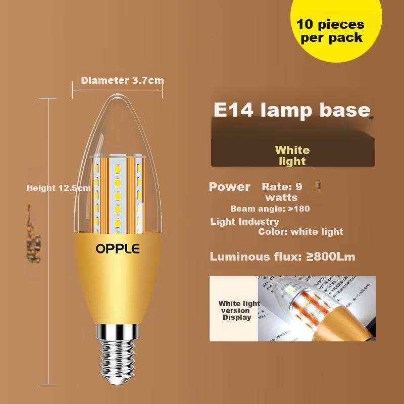 OPPLE 10-Pack E14 Crystal Light Bulbs Chandelier Bulbs Small Screw Candle Bulbs Energy Saving High Brightness Luxury Gold 9W White Light