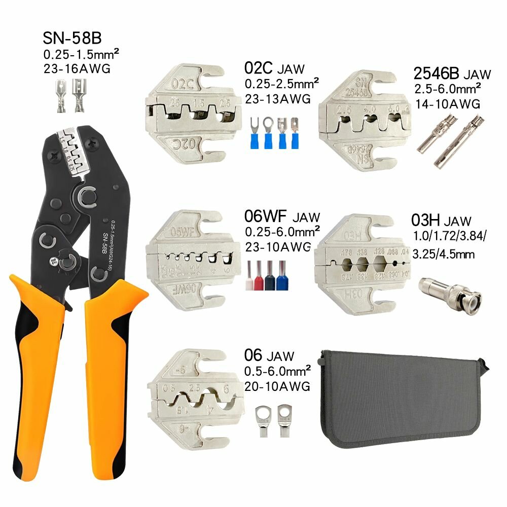 Набор инструментов для обжима клемм, SN-58 B + 5 зажимов + сумка, оранжевый, Храповые обжимные плоскогубцы со сменными зажимами