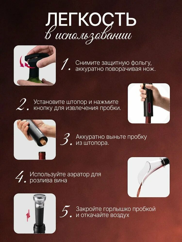 Электрический штопор 5 в 1 Wine bottle opener, с подставкой, USB-зарядкой, черный