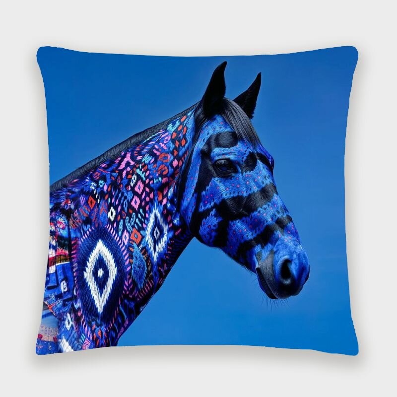 Чехол для подушки Синий конь в орнамент на синем фоне 40х40 велюр
