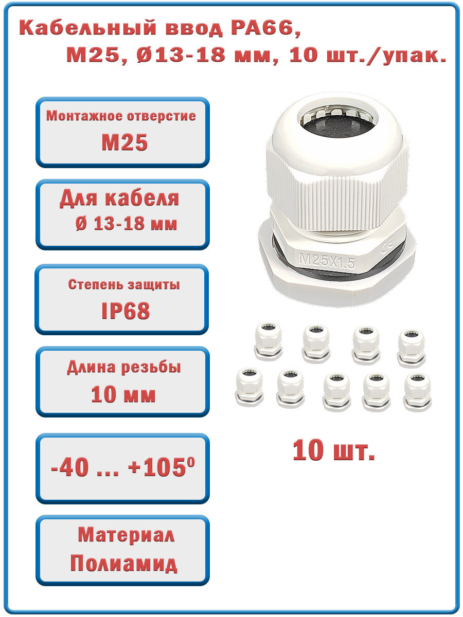Кабельный ввод пластиковый, М25, 13-18 мм, светло-серый, 10 шт./упак, M25-13-18-10-gr-10