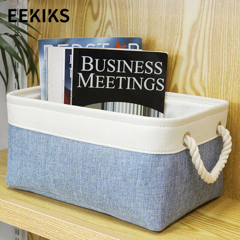 EEKIKS Japanese Style Cotton and Linen Storage Basket Thickened Double-layer Toy Storage Basket Folding Dirty Clothes Basket Dirty Clothes Basket Cotton and Linen Blue Medium Size