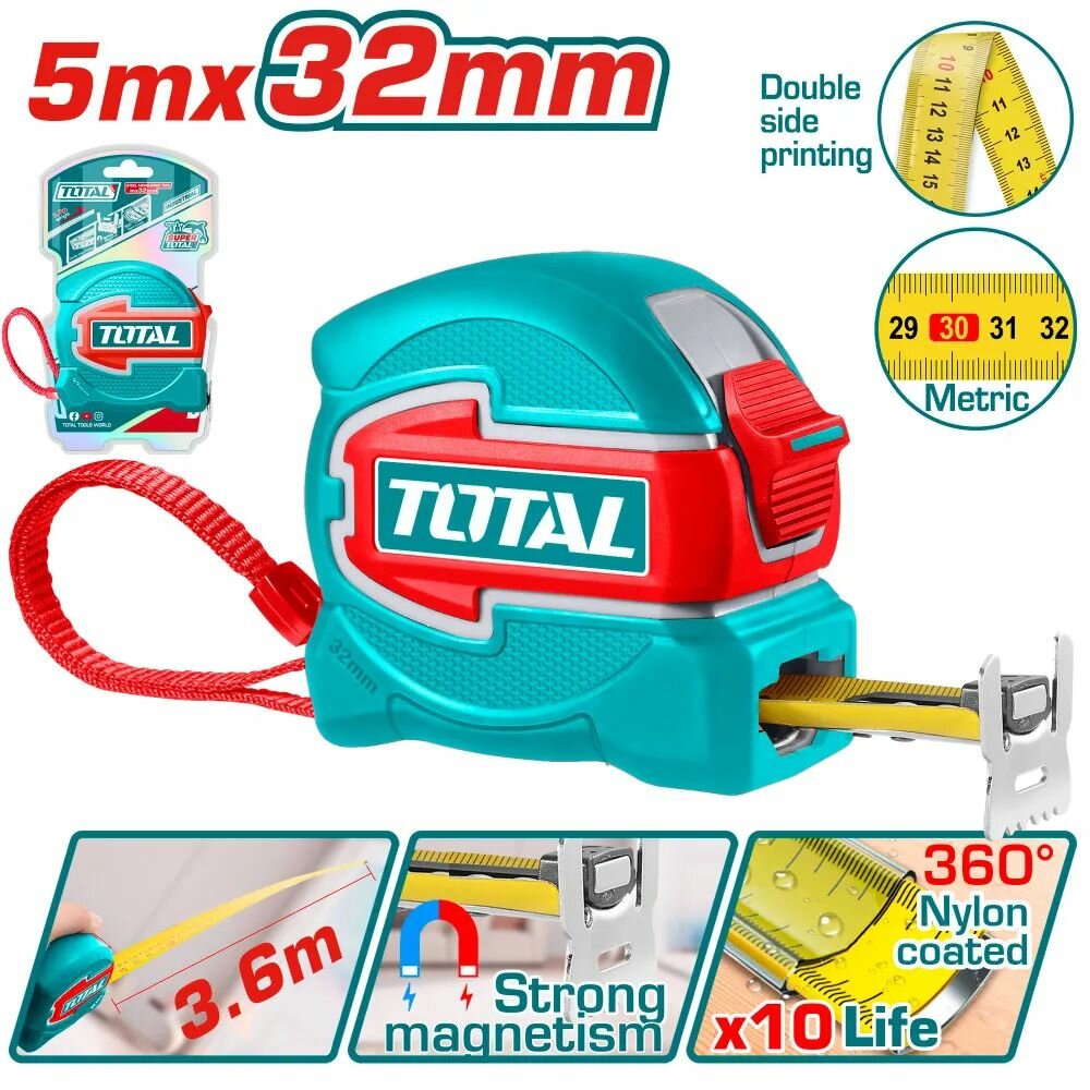Рулетка строительная измерительная 5м х32 мм. TOTAL TMT80532M,
