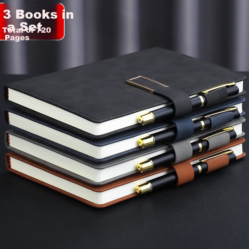 Longe [3-pack] Business Notebook Sheepskin Leather A5 Buckle Notepad Thick Notebook Stationery Diary Office Meeting Record Book Customizable Logo