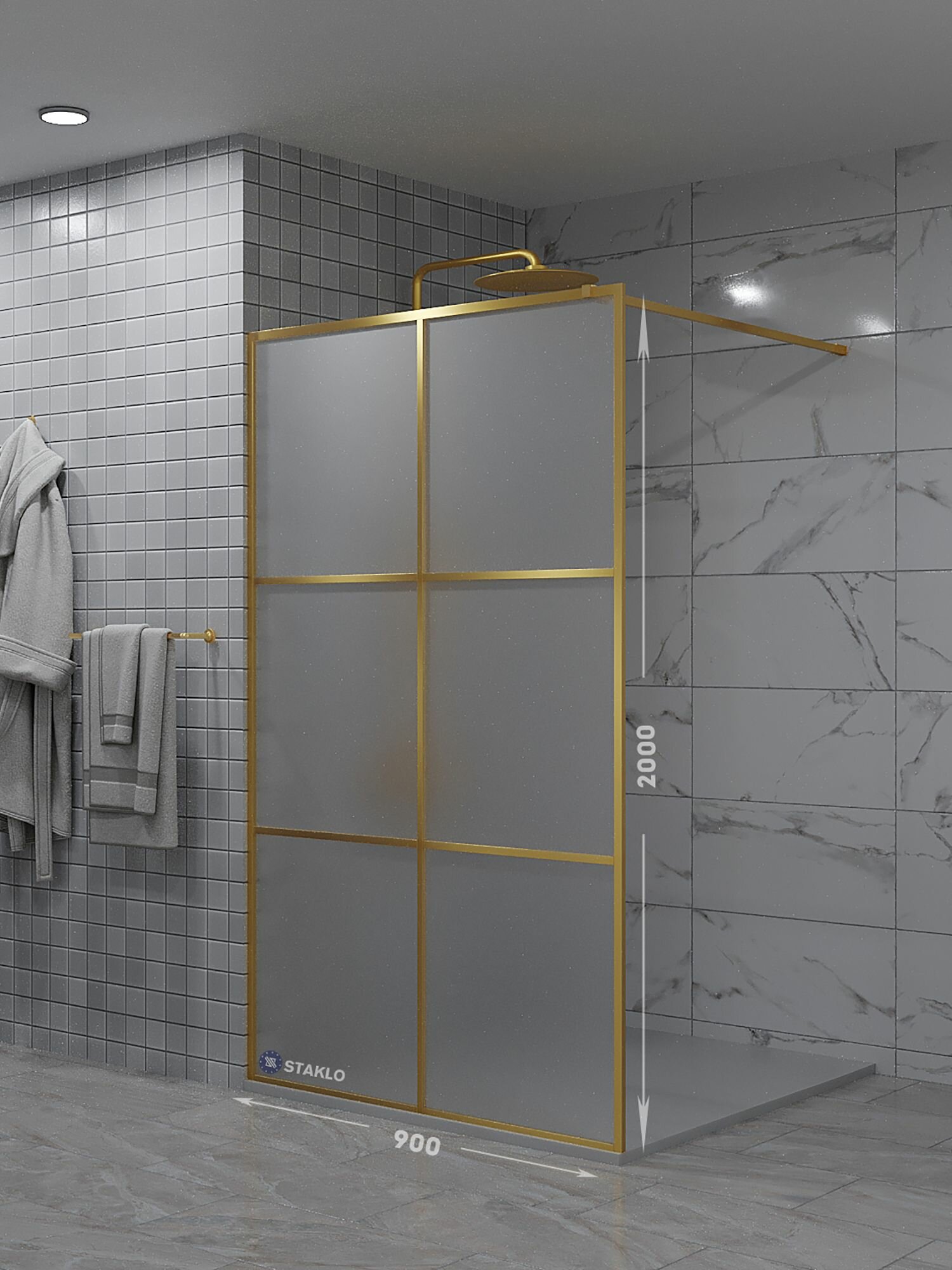 Loft душевая одиночная перегородка staklo 90x200 из матового осветленного стекла золото фурнитура