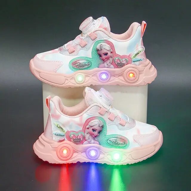 Кроссовки Disney LED, розовые, фиолетовые, для девочек, с принтом принцессы Эльзы из мультфильма «Холодное сердце», детская обувь со светодиодами и нескользящей подошвой