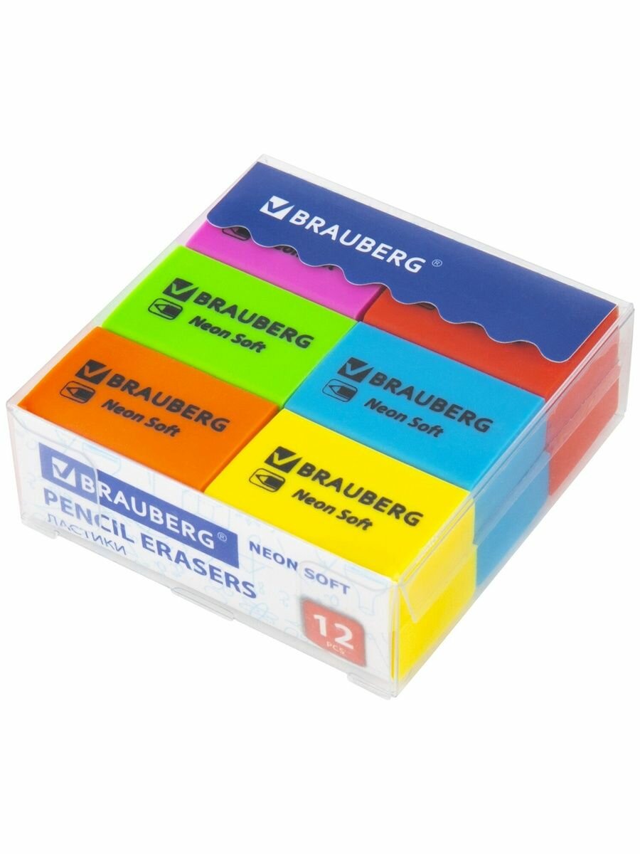 Ластик школьный мягкий прямоугольный BRAUBERG, набор 12 штук для удаления карандашей