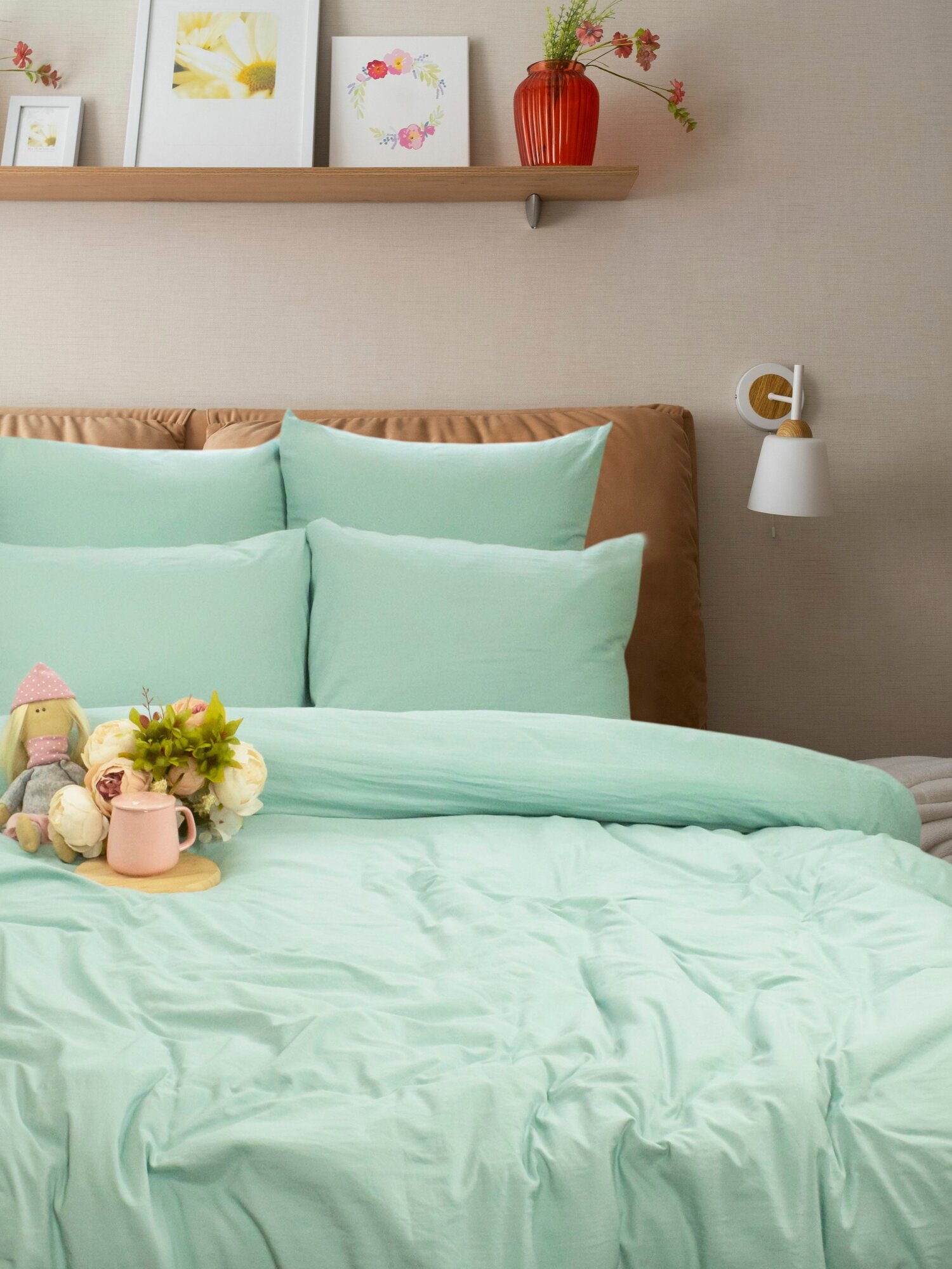 Постельное белье евро однотонное мятное Cleo комплект микросатин