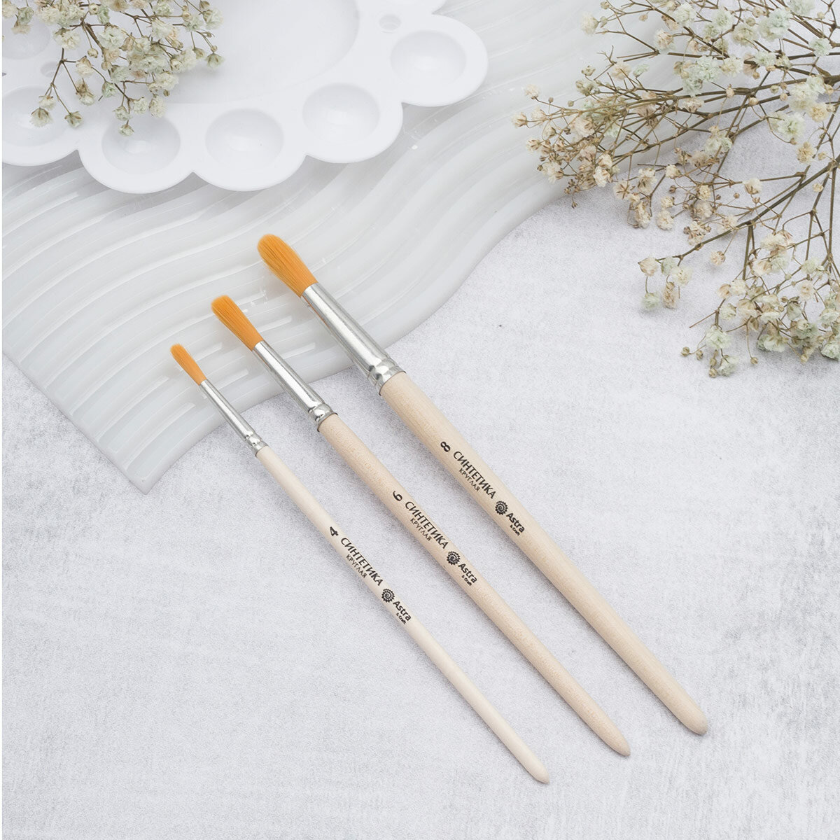 Кисточки для рисования, синтетика, 3 шт (круглая № 4, 6, 8), Astra&Craft