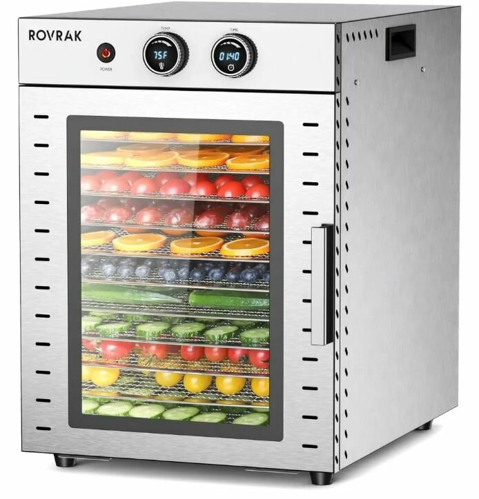 Сушилка для овощей и фруктов ROVRAK . Дегидратор для рыбы и мяса. 12 уровней, 12 поддонов для пастилы, 12 сеток для сушки трав