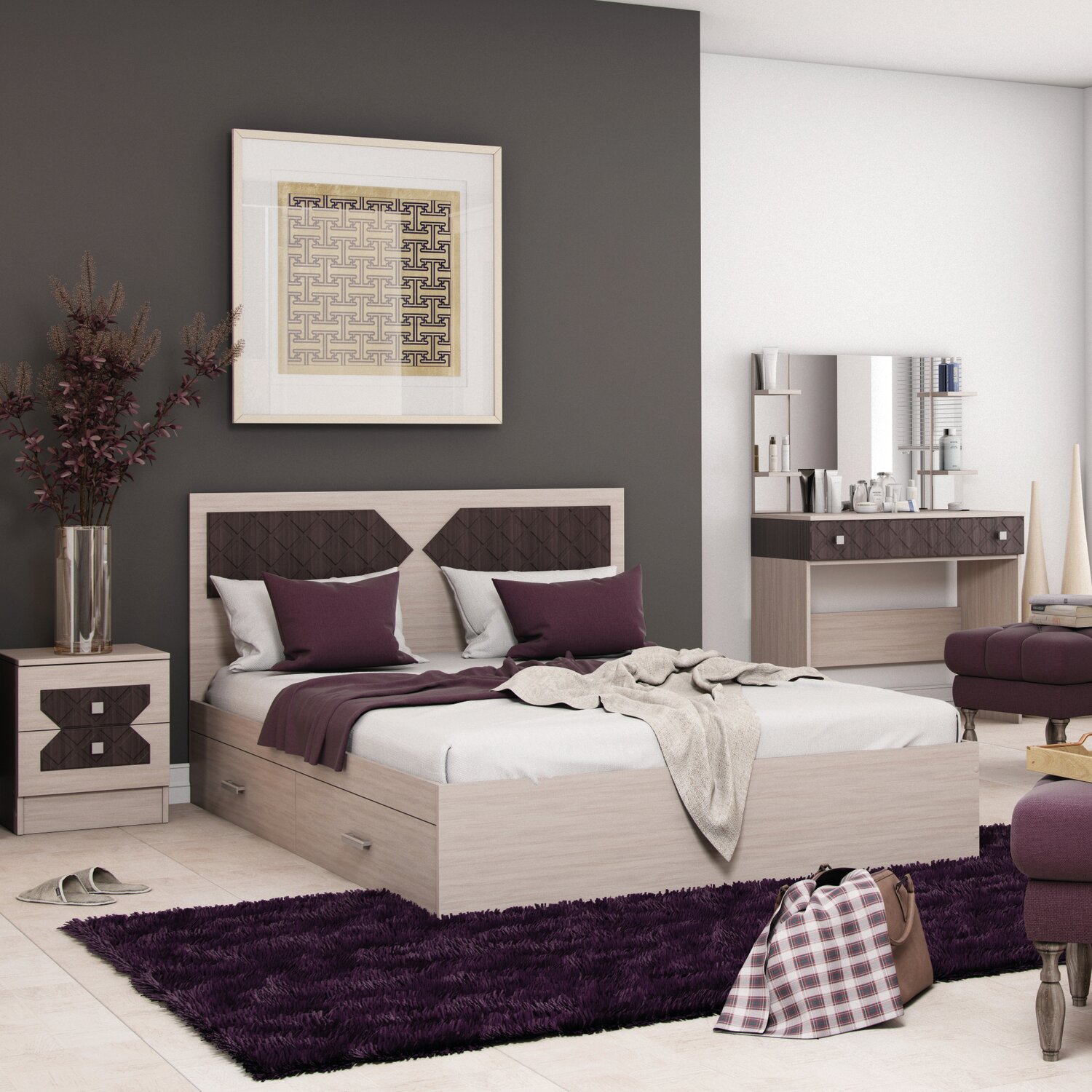 Двуспальная кровать с двумя выдвижными ящиками Николь 160*200 см Эра Ясень шимо светлая/Лиственница темная