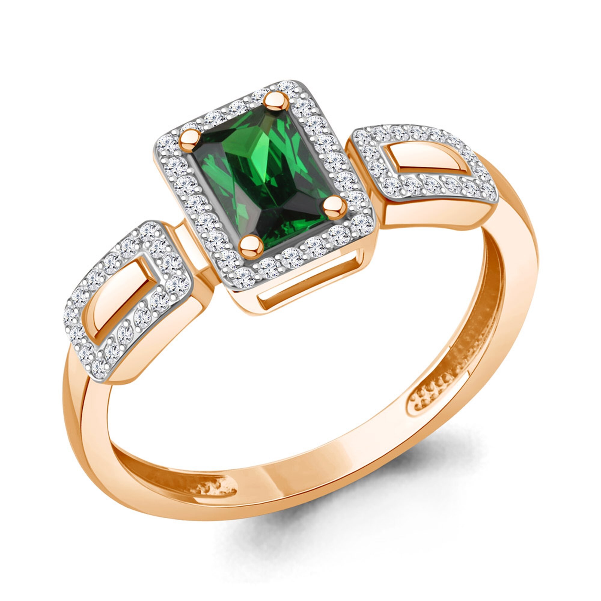 Кольцо, красное золото, 585 проба, изумруд синтетический, бриллиант