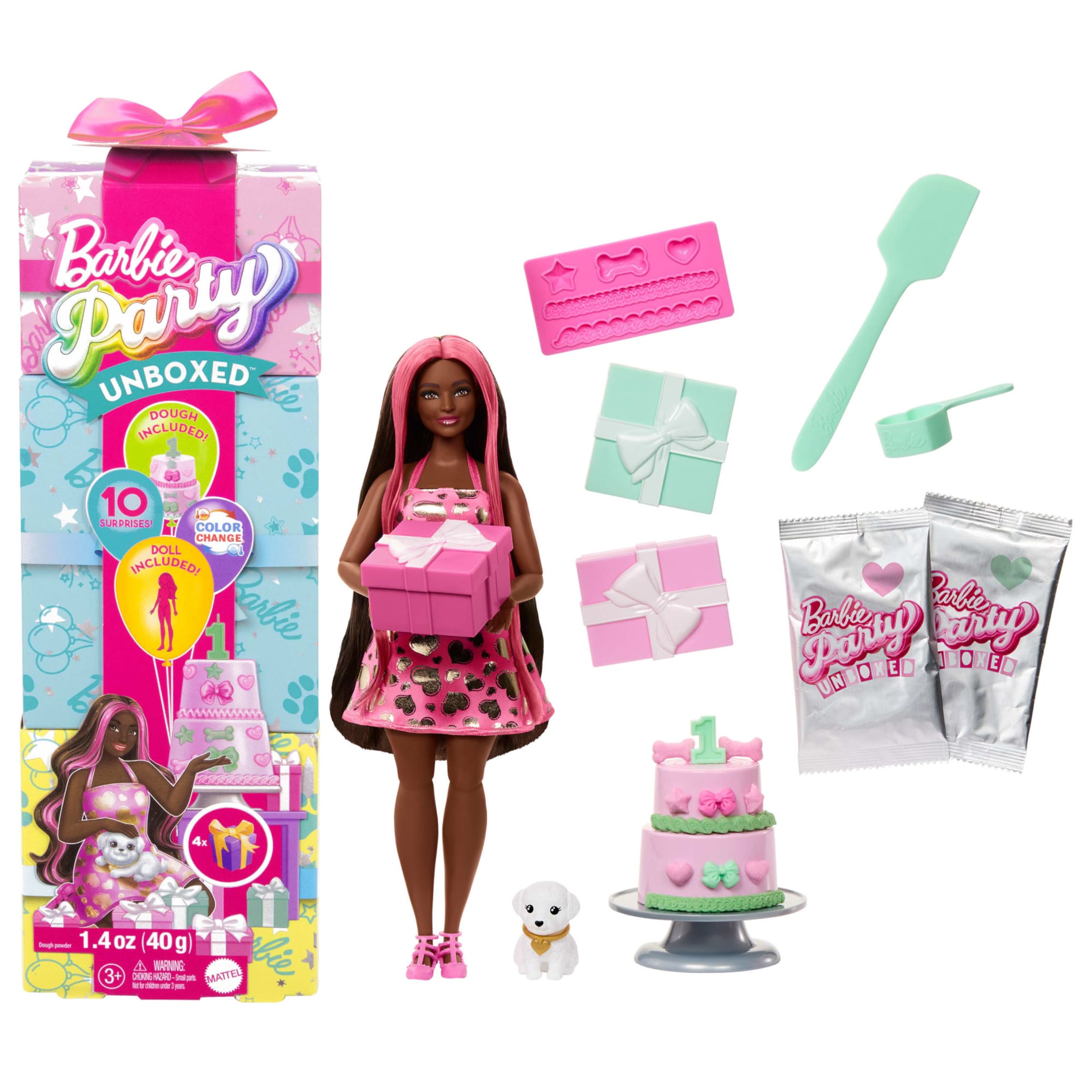 Кукла Mattel Barbie Party Unboxed Pet Birthday JFG71 Мерцающие сердечки, с питомцем и 10 сюрпризами