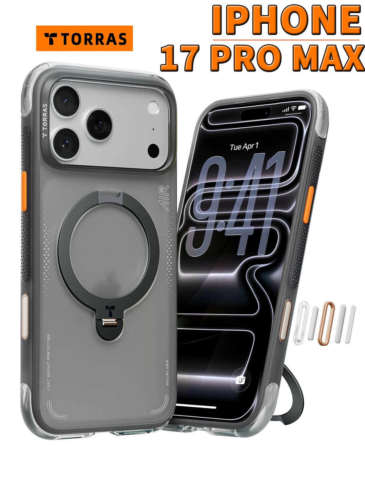 Чехол TORRAS Ostand Q3 Air для iPhone 17 Pro Max с магнитной подставкой на 360 градусов, подходит для MagSafe, протестирован на устойчивость к перепадам температур, Кнопка управления камерой, Черный
