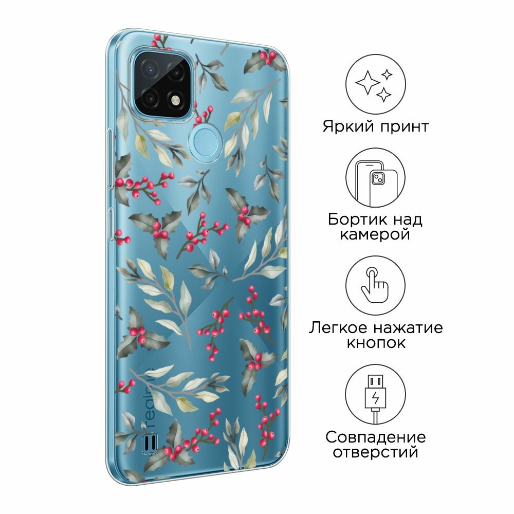 Чехол на Realme C21 / Реалми С21 с принтом Зимние ягоды паттерн, прозрачный — фото 1