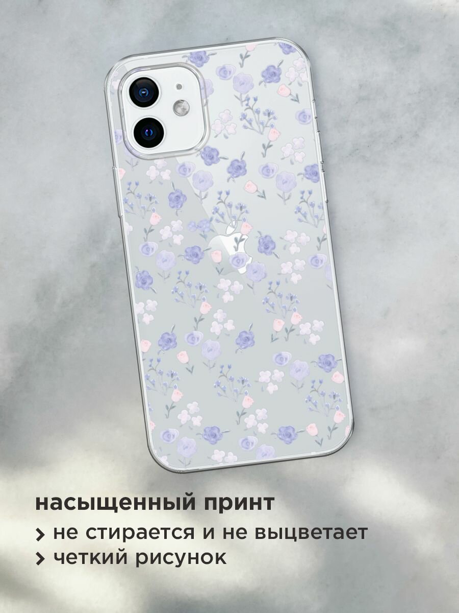 Чехол на Apple iPhone 12/12 Pro / Айфон 12/12 Про с принтом "Сиреневые розы паттерн", прозрачный — фото 1