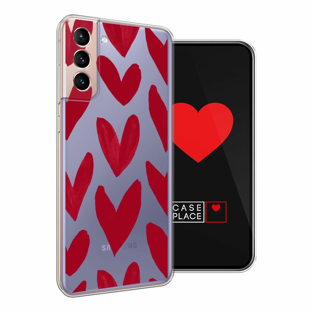 Чехол на Samsung Galaxy S21 + / Самсунг Галакси S21 Плюс с принтом "Красные сердечки рисунок - 14 февраля", прозрачный — фото 1