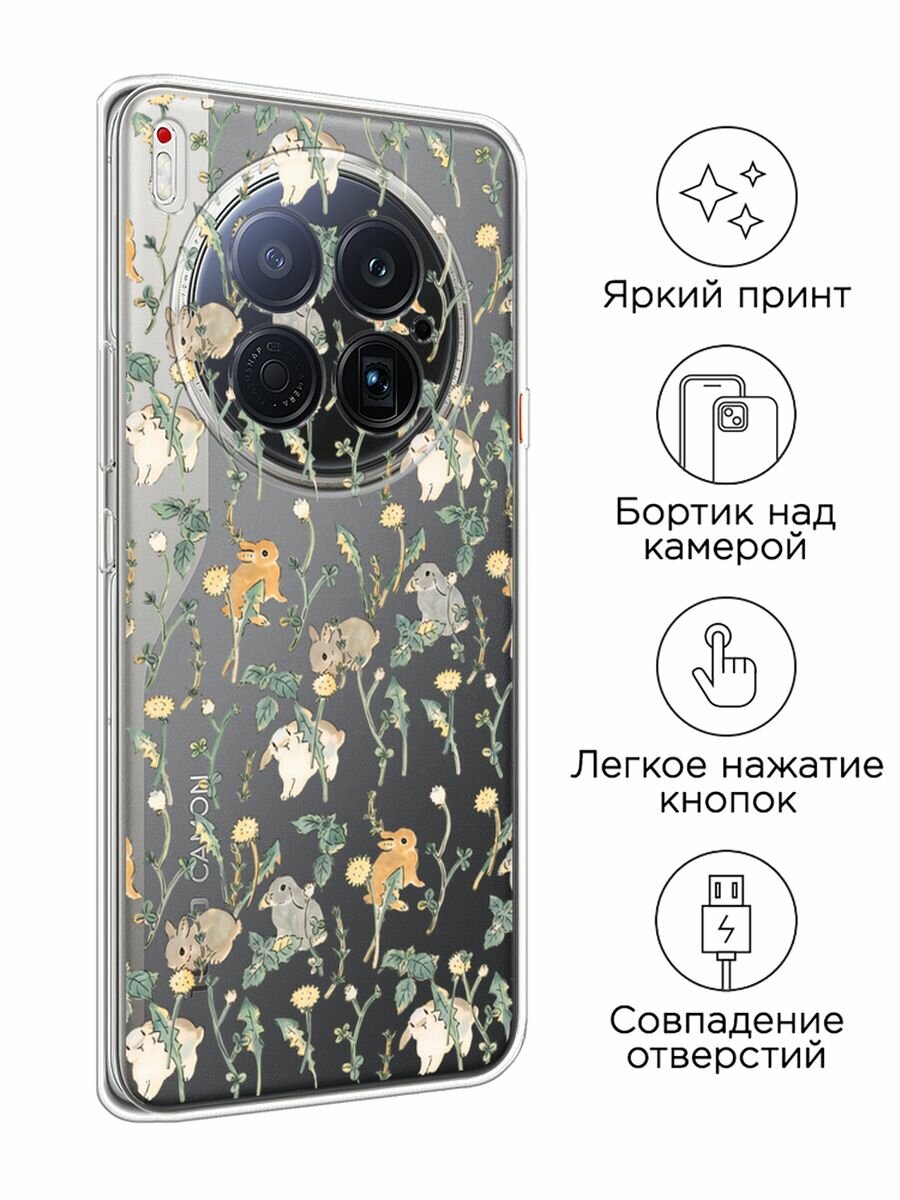 Чехол на Tecno Camon 40 Premier / Текно Камон 40 Премьер с принтом "Кролики в одуванчиках", прозрачный — фото 1