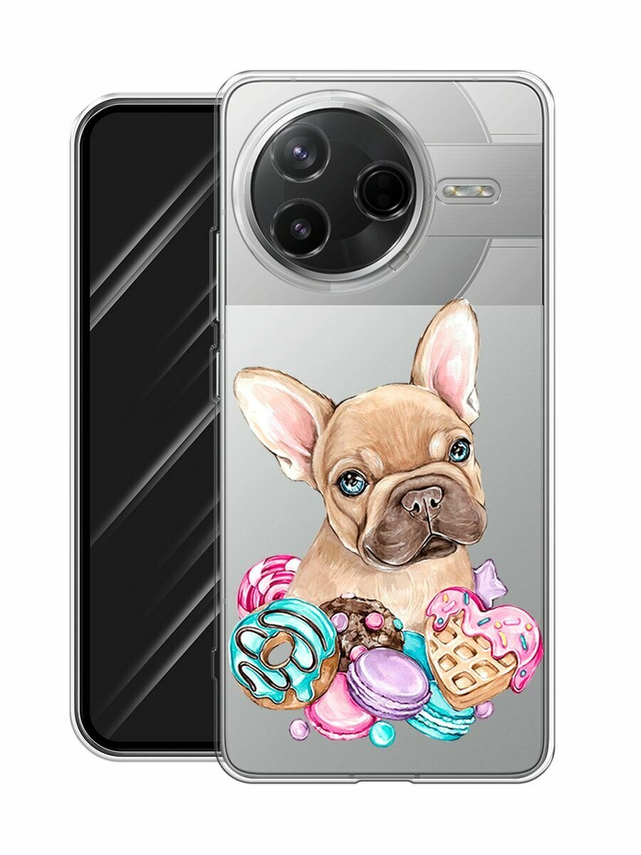 Чехол на Poco F7 Pro / Поко F7 Про с принтом "Бульдог и сладости", прозрачный — фото 1
