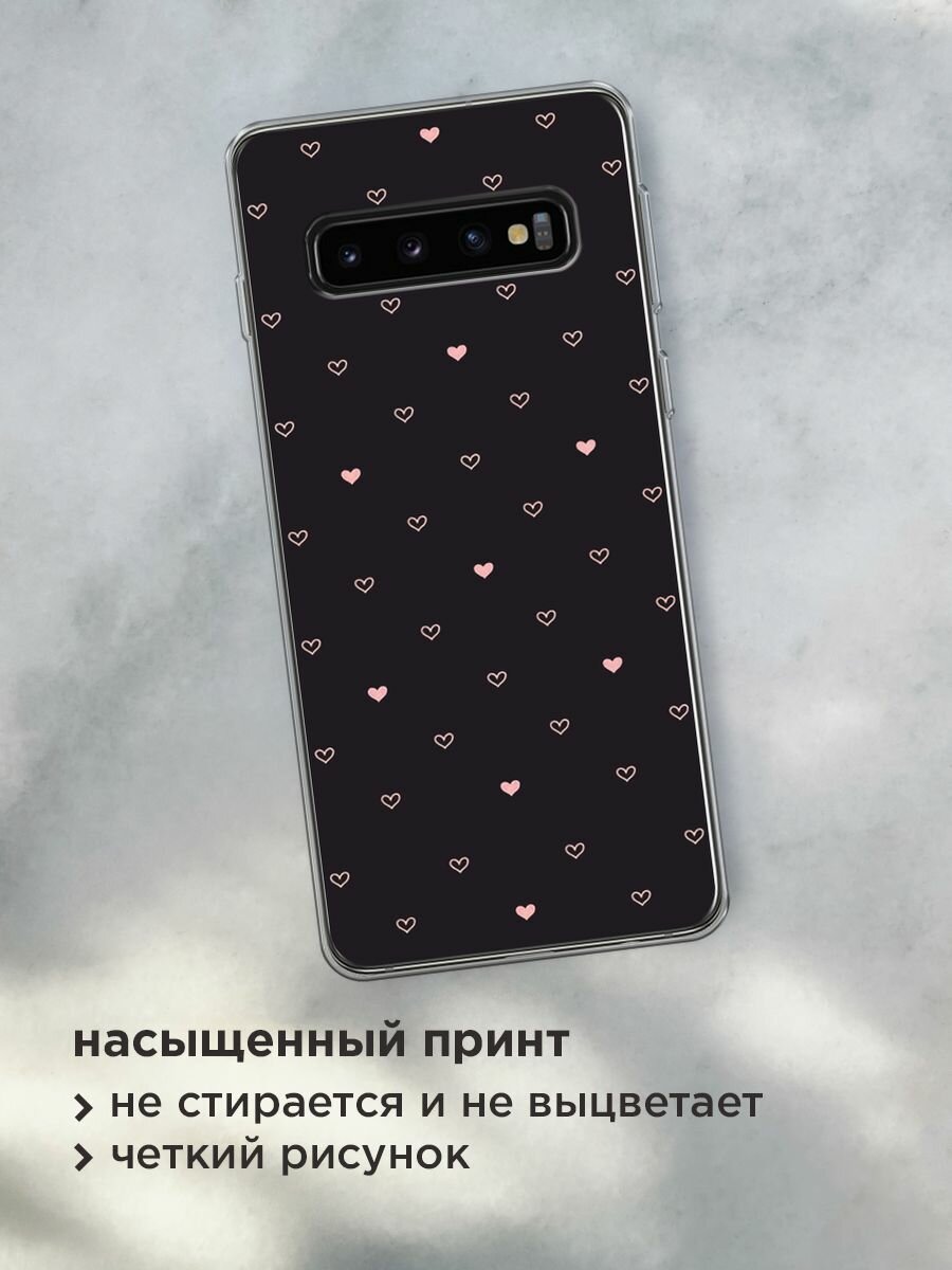 Чехол на Samsung Galaxy S10 + / Самсунг Галакси S10 Плюс с принтом "Черный фон и сердечки" — фото 1