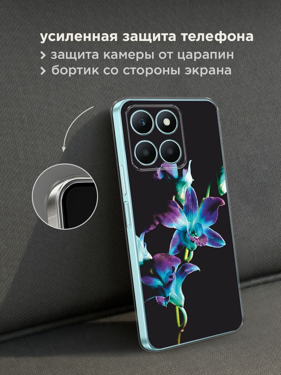 Чехол на Honor X6A / Хонор X6A с принтом "Синий цветок на черном" — фото 1