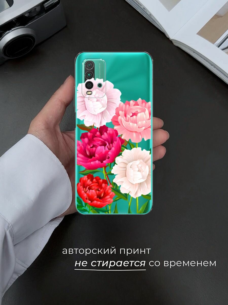 Чехол на Xiaomi Redmi 9T / Сяоми Редми 9Т с принтом "Большие пионы", прозрачный — фото 1