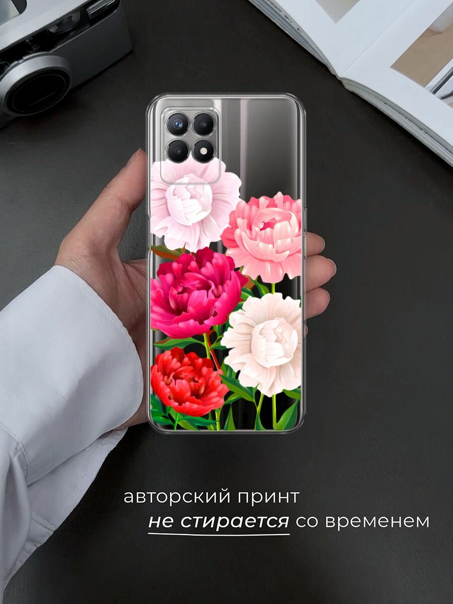 Чехол на Realme 8i / Реалми 8i с принтом "Большие пионы", прозрачный — фото 1