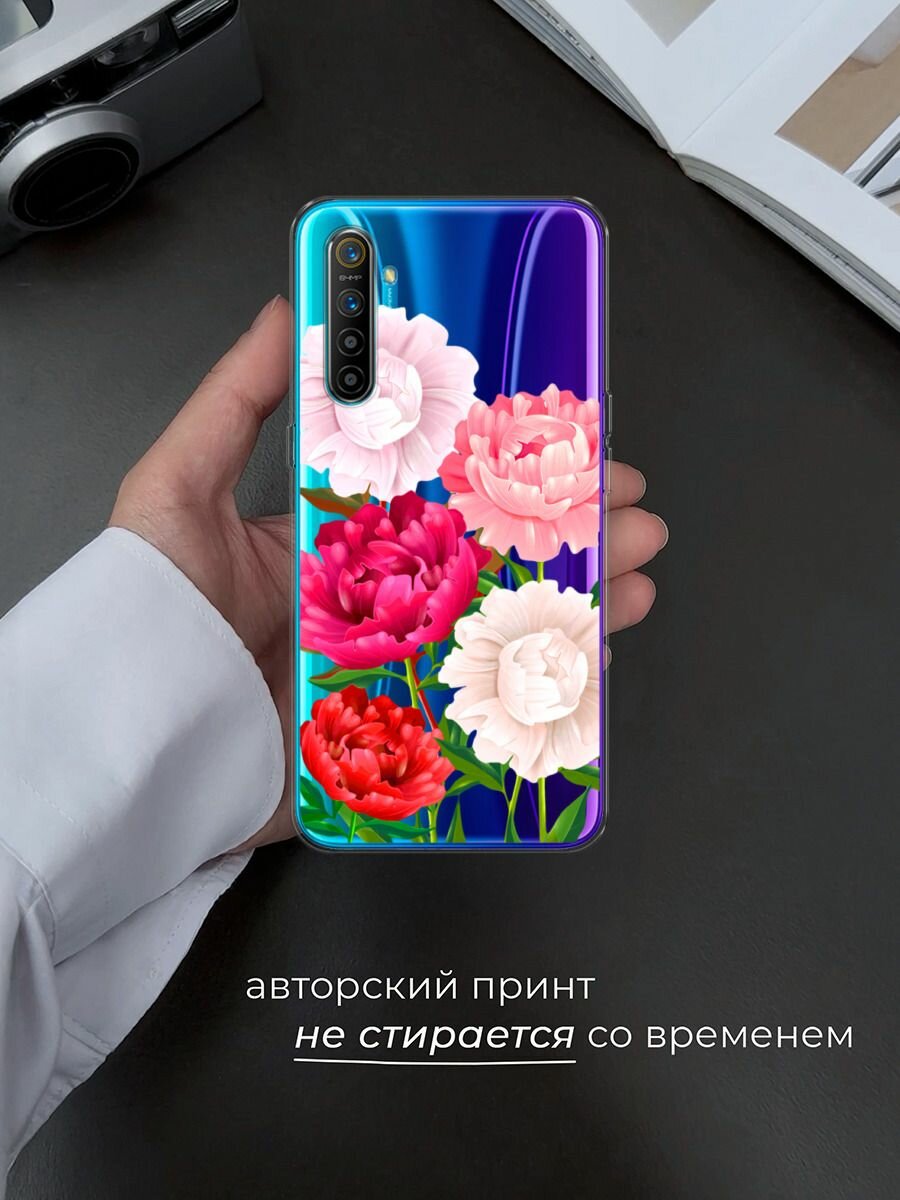 Чехол на Realme XT / Реалми XT с принтом "Большие пионы", прозрачный — фото 1
