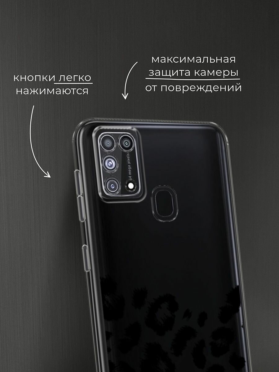 Чехол на Samsung Galaxy M31 / Самсунг Галакси М31 с принтом "Окрас леопарда фон черный", прозрачный — фото 1