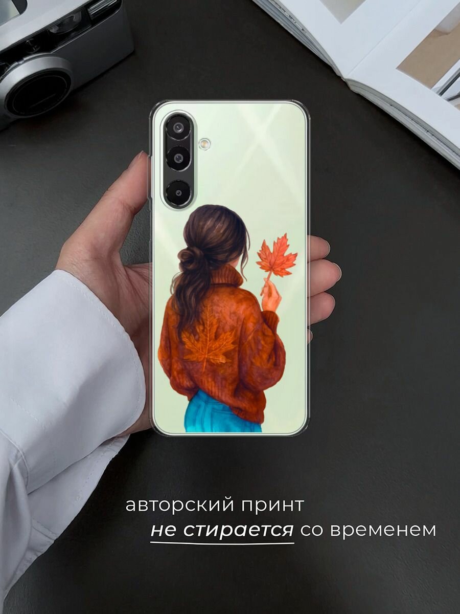 Чехол на Samsung Galaxy M16 / Самсунг Галакси М16 с принтом "Девушка с опавшим листом", прозрачный — фото 1